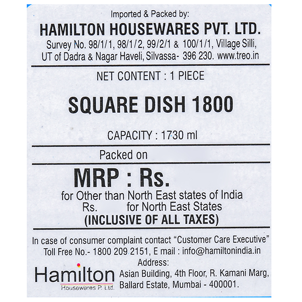 Buy Treo Square Dish (1800) 1730 ml Online at the Best Price | SastaSundar
